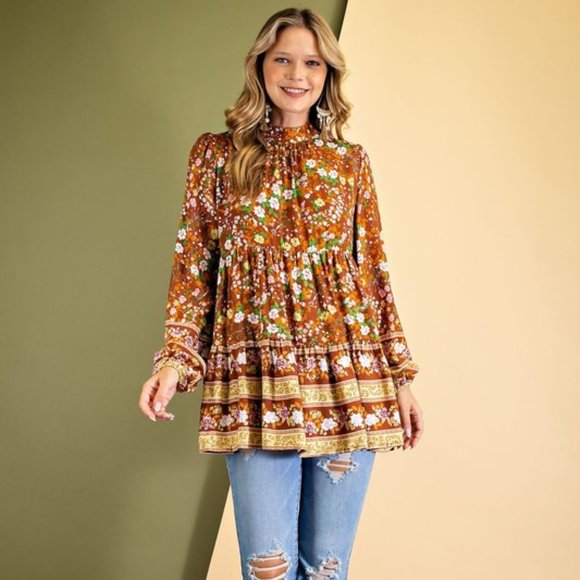 easel | Tops | Easel Cocoa Mixed Print Ruffle Skirt Hem Long Sleeve ...